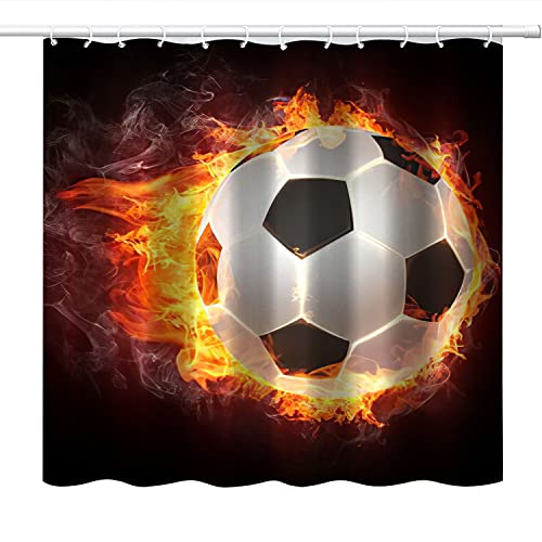 KKH Soccer Shower Curtain Set for Teens Boys, Football Ball On Fire Sports Bathroom Decor Bath Curtain with Rugs Toilet Lid Cover Bath Mat, 4PCS/Set Game Bathroom Decor, 72x72 inch