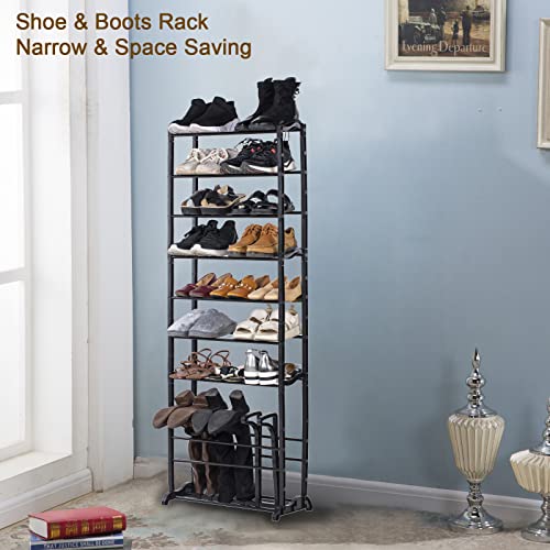 MITLOXX 10 Tier Shoe and Boot Rack Storage Organizer for Closet Entryway Floor, Narrow Tall Shoe Shelf Tower with Boot Holder, Black