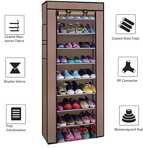 Mekek Shoe Rack Closet, 9 tiers Shoe Rack With Dustproof Cover Closet Shoe Storage Cabinet Organizer Brown