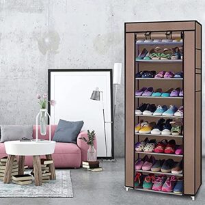 Mekek Shoe Rack Closet, 9 tiers Shoe Rack With Dustproof Cover Closet Shoe Storage Cabinet Organizer Brown