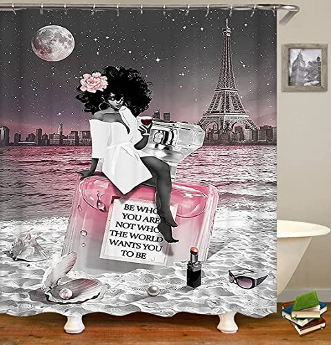 4 Pcs Perfume Paris Girl Shower Curtain Sets with 12 Hooks Waterproof Polyester Bathroom Sets with Rugs and Accessories-Bath Mat,Toilet Lid Cover,U-Shaped Mat,Black Girl Shower Curtain for Bathroom