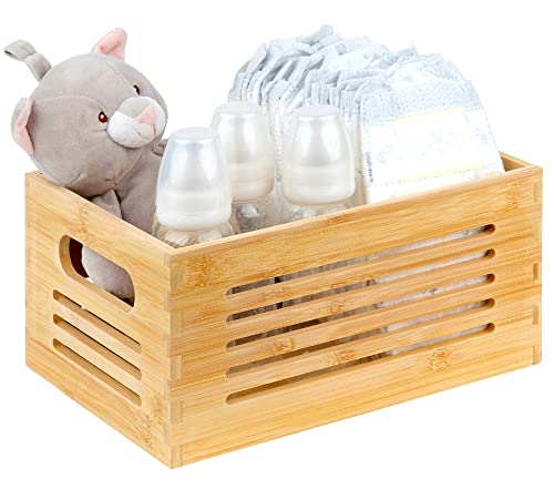 Natural Bamboo Wooden Storage Box – Rustic Farmhouse Look Wood Crate for Storage Decorative Closet, Cabinet and Shelf Basket Organizer with Built in Handles - Multi-Purpose Organizer (Small)