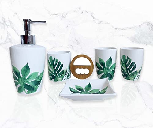 Green Tropical Bathroom Accessory Sets Sturdy Housewarming Gift 5 Pieces Ceramic Bath Accessories Collection Set Palm Tree Decor Toothbrush Holder Lotion Dispenser Soap Dish Tumbler (Green Tropical)