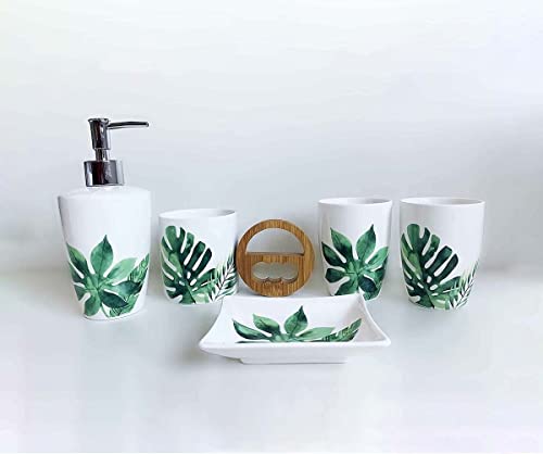 Green Tropical Bathroom Accessory Sets Sturdy Housewarming Gift 5 Pieces Ceramic Bath Accessories Collection Set Palm Tree Decor Toothbrush Holder Lotion Dispenser Soap Dish Tumbler (Green Tropical)