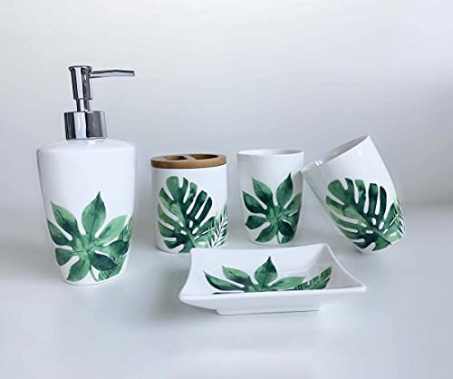 Green Tropical Bathroom Accessory Sets Sturdy Housewarming Gift 5 Pieces Ceramic Bath Accessories Collection Set Palm Tree Decor Toothbrush Holder Lotion Dispenser Soap Dish Tumbler (Green Tropical)