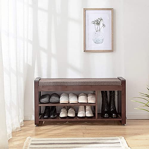 ZLELOUY Shoes Bench Bamboo Shoe Rack Organizer Shoe Bench Boot For Entryway Hallway 2-Tier Cushion Shoe Storage Shelf