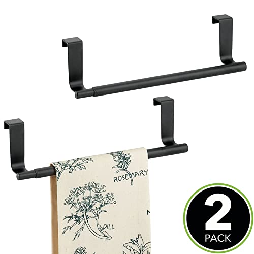 mDesign Adjustable, Expandable Over Kitchen Cabinet Towel Bar Rack - Hang on Inside or Outside of Doors, Hold Hand, Dish, Tea Towels - Customizable to 17" Wide, Omni Collection, 2 Pack - Matte Black