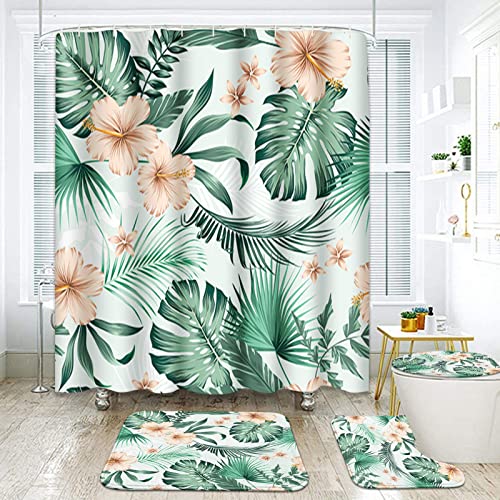 Tropical Palm Leaves Bathroom Sets with Shower Curtain and Rugs and Accessories, Tropical Flower Shower Curtain Set, Tropical Palm Shower Curtains for Bathroom, Tropical Floral Bathroom Decor 4 Pcs