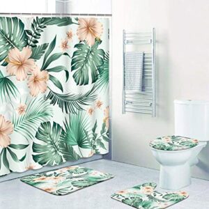 Tropical Palm Leaves Bathroom Sets with Shower Curtain and Rugs and Accessories, Tropical Flower Shower Curtain Set, Tropical Palm Shower Curtains for Bathroom, Tropical Floral Bathroom Decor 4 Pcs