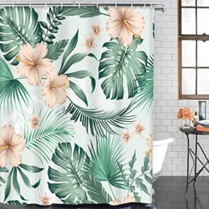 Tropical Palm Leaves Bathroom Sets with Shower Curtain and Rugs and Accessories, Tropical Flower Shower Curtain Set, Tropical Palm Shower Curtains for Bathroom, Tropical Floral Bathroom Decor 4 Pcs