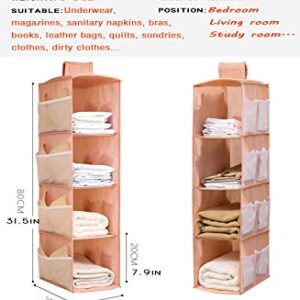 AARAINBOW 2 Packs Hanging Closet Organizer with 4 Shelf Wardrobe Clothes Organizer with 12 Side Pockets, Collapsible Hanging Storage for Sweater Pants Bra Socks (Gray Pink)