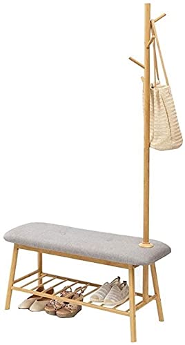 llibnn Bamboo Shoe Storage Bench Standing Shoe Shelf with Coat Rack Seat Cushion for Closet Cloakroom Entryway Hallway (Color : Brown) (Color : Grey)