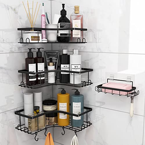 Vmiya 4 Pack Shower Caddy Corner with Hooks and Soap Holder, Adhesive Corner Shower Shelf for Inside Shower Basket Rack Storage, Stainless Steel Shower Shelf for Bathroom with 6 Removable Hooks Black