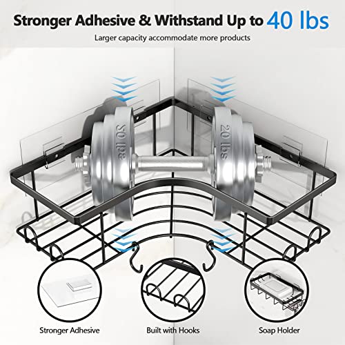 Vmiya 4 Pack Shower Caddy Corner with Hooks and Soap Holder, Adhesive Corner Shower Shelf for Inside Shower Basket Rack Storage, Stainless Steel Shower Shelf for Bathroom with 6 Removable Hooks Black