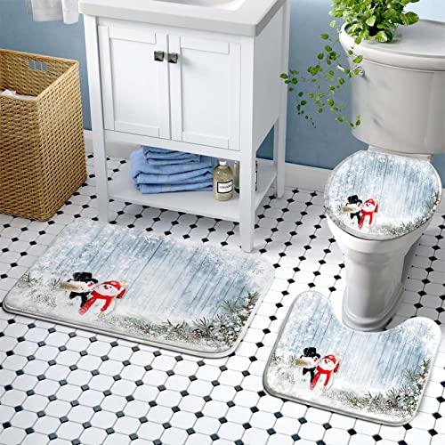 Christmas Shower Curtain Set 4PC with Christmas Shower Curtain with Toilet Lid Cover and Bath Mat, Christmas Still Life Decoration with Snowman Christmas Bathroom Set Winter Holiday Home Decor