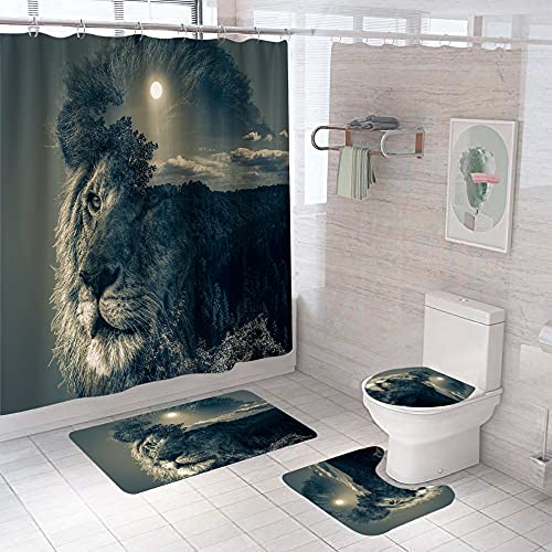 4Pcs Grey Lion Shower Curtain Set with Non-Slip Rugs and Toilet Lid Cover Animal Theme King Fabric Shower Curtain Bathroom Decor with Hooks Waterproof Washable 72" x 72''