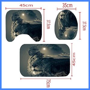 4Pcs Grey Lion Shower Curtain Set with Non-Slip Rugs and Toilet Lid Cover Animal Theme King Fabric Shower Curtain Bathroom Decor with Hooks Waterproof Washable 72" x 72''