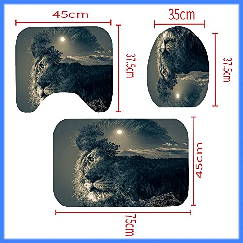 4Pcs Grey Lion Shower Curtain Set with Non-Slip Rugs and Toilet Lid Cover Animal Theme King Fabric Shower Curtain Bathroom Decor with Hooks Waterproof Washable 72" x 72''