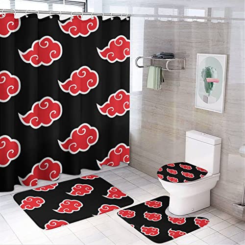 4 Piece Anime Shower Curtain Set, Bathroom Decor Sets with Waterproof Shower Curtain, Non-Slip Soft Flannel Rugs, Toilet Lid Cover, Bath Mat and 12 Hooks (70.9 X 70.9 Inch)