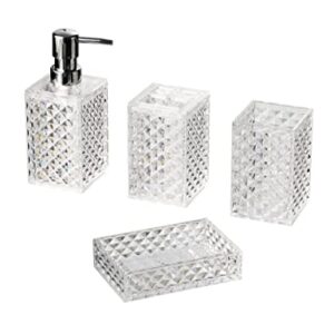 4 Piece Square Plastic Bathroom Accessories Set, Clear Diamond Pattern Bathroom Accessories Soap Dispenser, Toothbrush Holder, Tumbler and Soap Dish.