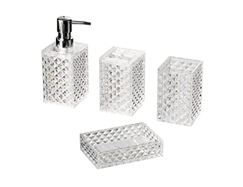 4 Piece Square Plastic Bathroom Accessories Set, Clear Diamond Pattern Bathroom Accessories Soap Dispenser, Toothbrush Holder, Tumbler and Soap Dish.