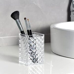 4 Piece Square Plastic Bathroom Accessories Set, Clear Diamond Pattern Bathroom Accessories Soap Dispenser, Toothbrush Holder, Tumbler and Soap Dish.