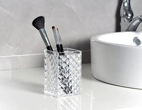 4 Piece Square Plastic Bathroom Accessories Set, Clear Diamond Pattern Bathroom Accessories Soap Dispenser, Toothbrush Holder, Tumbler and Soap Dish.