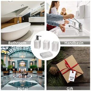 4 Piece Square Plastic Bathroom Accessories Set, Clear Diamond Pattern Bathroom Accessories Soap Dispenser, Toothbrush Holder, Tumbler and Soap Dish.