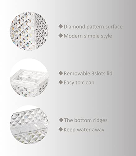 4 Piece Square Plastic Bathroom Accessories Set, Clear Diamond Pattern Bathroom Accessories Soap Dispenser, Toothbrush Holder, Tumbler and Soap Dish.