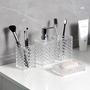 4 Piece Square Plastic Bathroom Accessories Set, Clear Diamond Pattern Bathroom Accessories Soap Dispenser, Toothbrush Holder, Tumbler and Soap Dish.