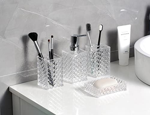 4 Piece Square Plastic Bathroom Accessories Set, Clear Diamond Pattern Bathroom Accessories Soap Dispenser, Toothbrush Holder, Tumbler and Soap Dish.