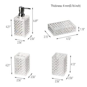 4 Piece Square Plastic Bathroom Accessories Set, Clear Diamond Pattern Bathroom Accessories Soap Dispenser, Toothbrush Holder, Tumbler and Soap Dish.