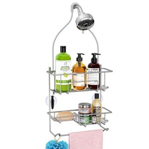 kefanta shower caddy over shower head, hanging shower organizer rack, bathroom caddy for shower, rustproof shampoo holder shelf, silver