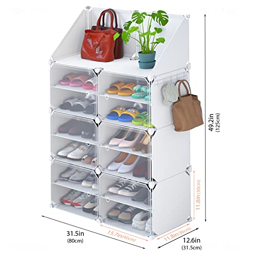 NiHome Stackable Shoe Organizer with Doors - Holds 24 Pairs, Expandable Closet Shoe Rack, Plastic Cabinet with Free-Standing Design for Home, Office and Garage Storage (White)