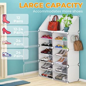 NiHome Stackable Shoe Organizer with Doors - Holds 24 Pairs, Expandable Closet Shoe Rack, Plastic Cabinet with Free-Standing Design for Home, Office and Garage Storage (White)