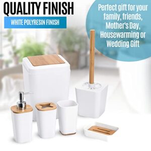 KRALIX White Bathroom Accessories Set, 6 Piece Complete Bamboo Bathroom Set with Toothbrush Holder and Cup, Soap Dish and Dispenser, Trash Can, Toilet Brush, White Bathroom Set Accesorios para Baños