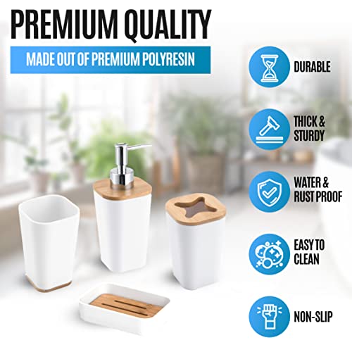 KRALIX White Bathroom Accessories Set, 6 Piece Complete Bamboo Bathroom Set with Toothbrush Holder and Cup, Soap Dish and Dispenser, Trash Can, Toilet Brush, White Bathroom Set Accesorios para Baños