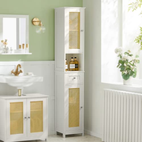 Haotian BZR70-W, White Tall Bathroom Cabinet with Rattan Door, Drawer and Storage Compartment, Linen Tower Bath Cabinet, Cabinet with Shelf