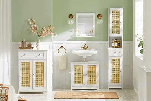 Haotian BZR70-W, White Tall Bathroom Cabinet with Rattan Door, Drawer and Storage Compartment, Linen Tower Bath Cabinet, Cabinet with Shelf