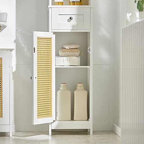 Haotian BZR70-W, White Tall Bathroom Cabinet with Rattan Door, Drawer and Storage Compartment, Linen Tower Bath Cabinet, Cabinet with Shelf