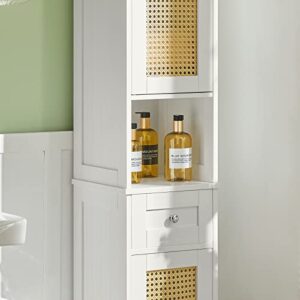 Haotian BZR70-W, White Tall Bathroom Cabinet with Rattan Door, Drawer and Storage Compartment, Linen Tower Bath Cabinet, Cabinet with Shelf