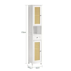 Haotian BZR70-W, White Tall Bathroom Cabinet with Rattan Door, Drawer and Storage Compartment, Linen Tower Bath Cabinet, Cabinet with Shelf