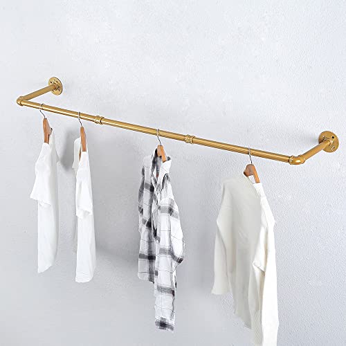 OLDRAINBOW Industrial Pipe Clothing Rack Wall Mounted,Vintage Retail Garment Rack Display Rack Cloths Rack,Metal Commercial Clothes Racks for Hanging Clothes,Iron Clothing Rod Laundry Room(59in,Gold)