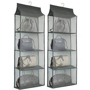 dearjana closet handbag purse holder, space saving hanging handbag storage tote bag organizer holder with 4 large heavy-duty mesh shelves for wardrobe closet(pack of 2 gray)