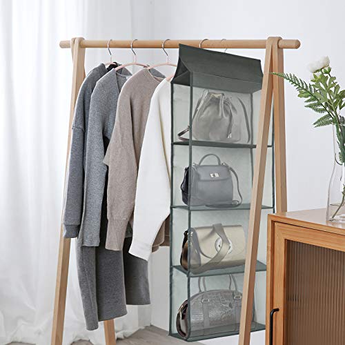 Dearjana Closet Handbag Purse Holder, Space Saving Hanging Handbag Storage Tote Bag Organizer Holder with 4 Large Heavy-Duty Mesh Shelves for Wardrobe Closet(Pack of 2 Gray)