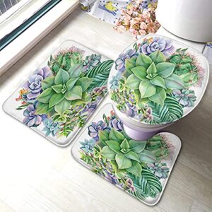 wondertify bouquet succulents bathroom antiskid pad watercolor botanical echovirus plants 3 pieces bathroom rugs set, bath mat+contour+toilet lid cover green purple