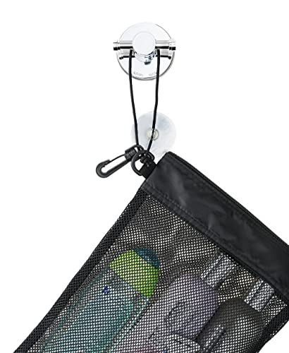 YUMA Active Shower Bag Tote, Mesh Caddy Toiletry Organizer 12”L x 9”W, Compact and Lightweight With Suction Cup, Cord for Hanging, Zipper and Drawstring Pouch 14”L x 10”W, Black