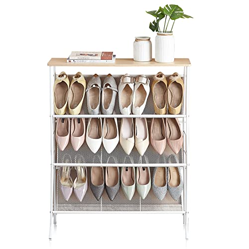 Nevfiro 4-Tier Shoe Rack Storage Organizer, Narrow Shoe Rack Shelves with 3 Metal Mesh for Bedroom Closet, Entryway, Hallway, Wire Grid, Shoe Shelf with Wood Top Board, 10-12 Pairs