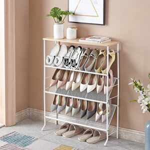 nevfiro 4-tier shoe rack storage organizer, narrow shoe rack shelves with 3 metal mesh for bedroom closet, entryway, hallway, wire grid, shoe shelf with wood top board, 10-12 pairs