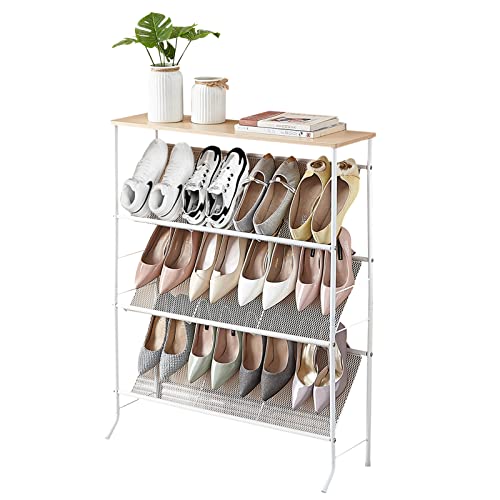 Nevfiro 4-Tier Shoe Rack Storage Organizer, Narrow Shoe Rack Shelves with 3 Metal Mesh for Bedroom Closet, Entryway, Hallway, Wire Grid, Shoe Shelf with Wood Top Board, 10-12 Pairs